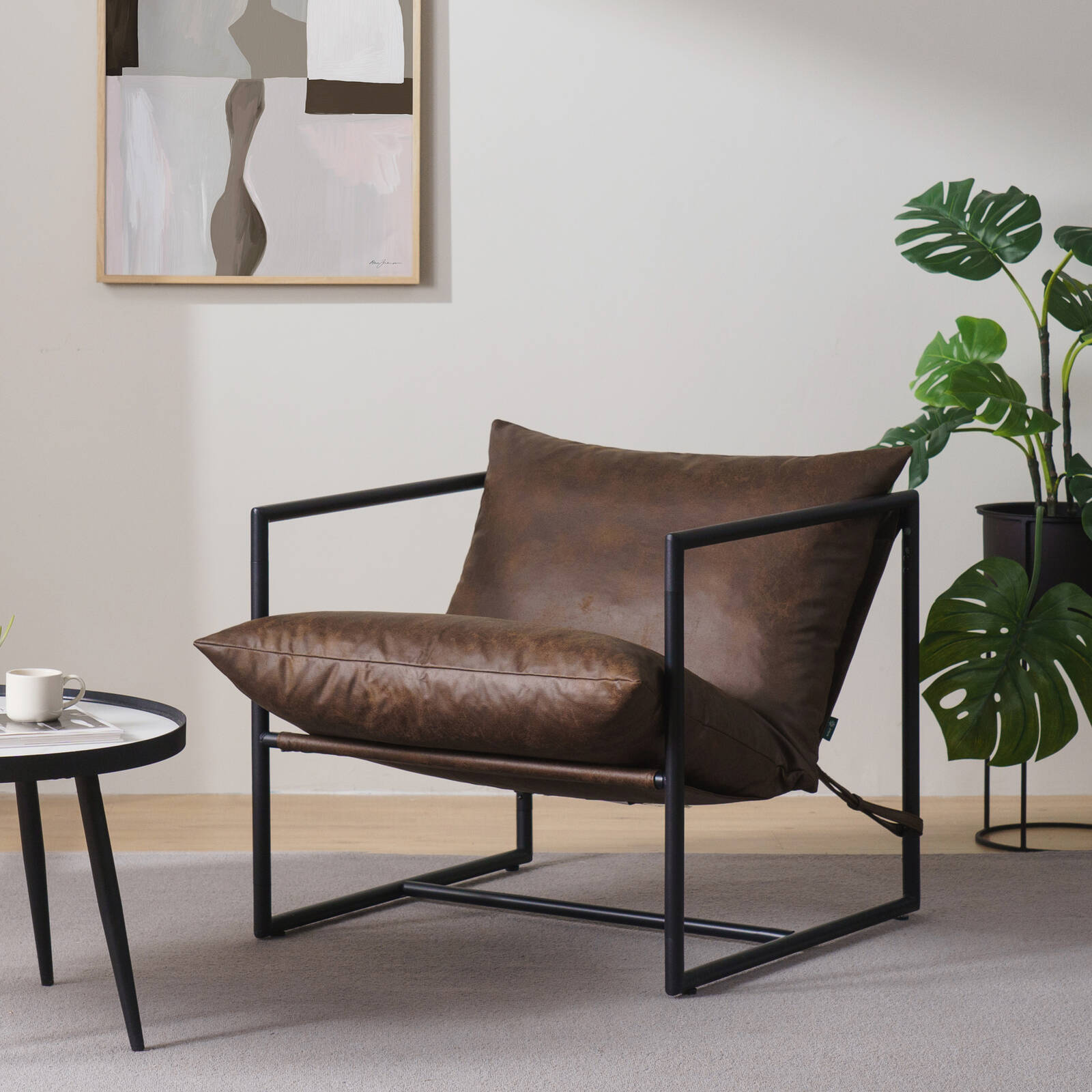 ZINUS Aidan Sling Accent Chair Metal Frame Armchair Cognac Tan Brown Bunnings Australia