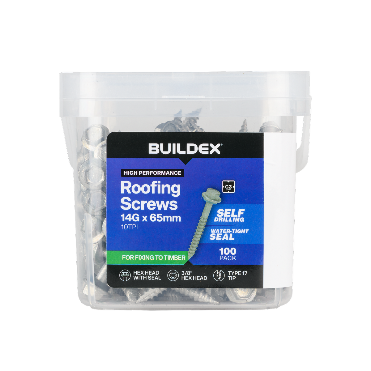 Buildex 14G x 65mm Class 3 Roofing Screws With Seal - 100 Pack ...