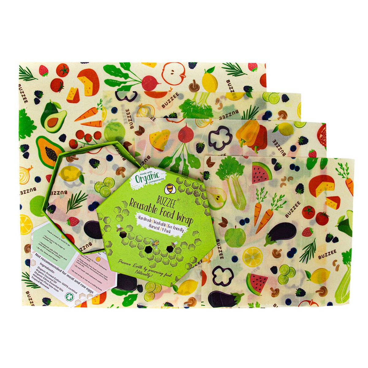4pc Buzzee Organic Reusable Beeswax Wraps Washable Food Covers Harvest ...