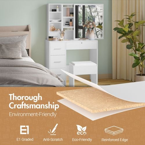 Advwin Dressing Table Stool Set Makeup Slide Mirror Dresser Vanity Desk ...