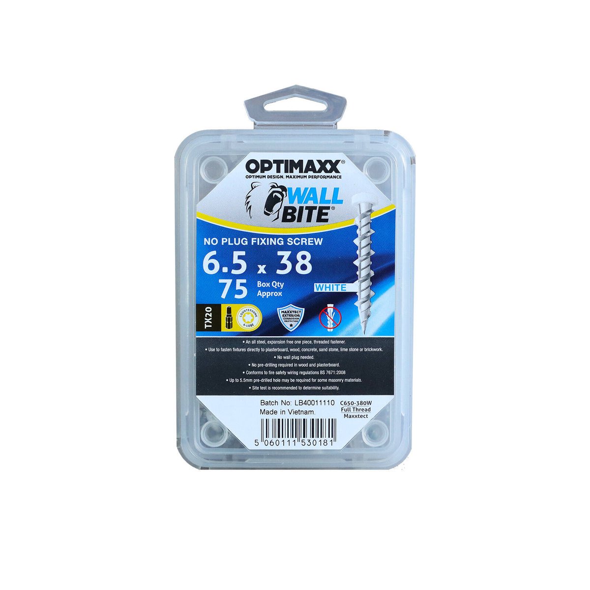 Optimaxx 6.5 x 38 White Wall Bite Masonry Screw - 75 Pack - Bunnings ...