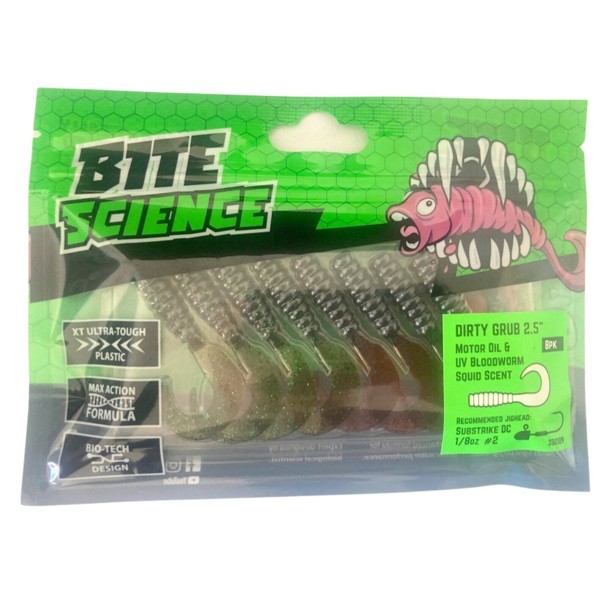 8 Pack of 2.5 Inch Bite Science Dirty Grubs Soft Plastics- Motor Oil ...