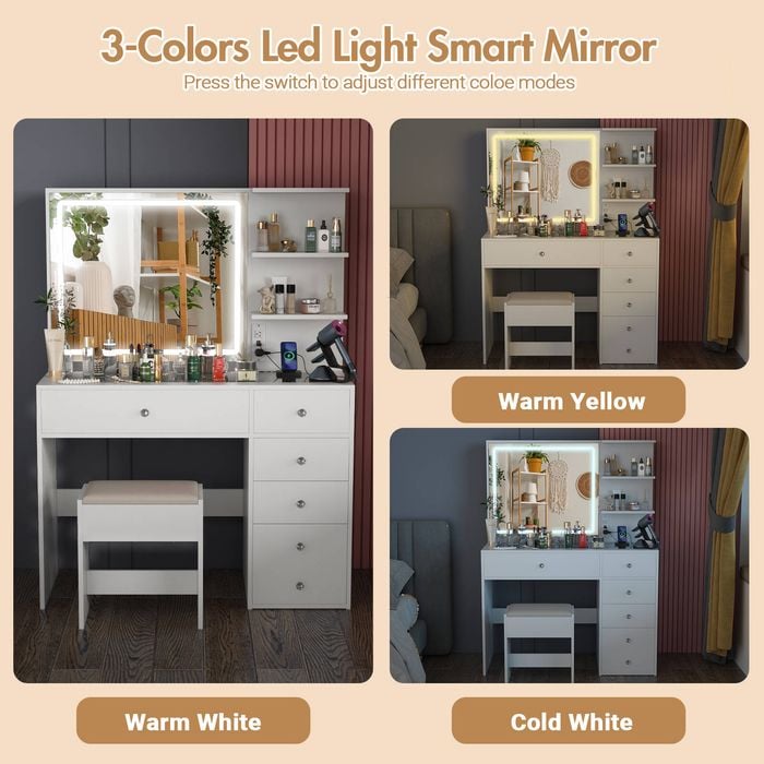 Advwin Dressing Table Stool Set Charging Station Lights Glass Tabletop ...