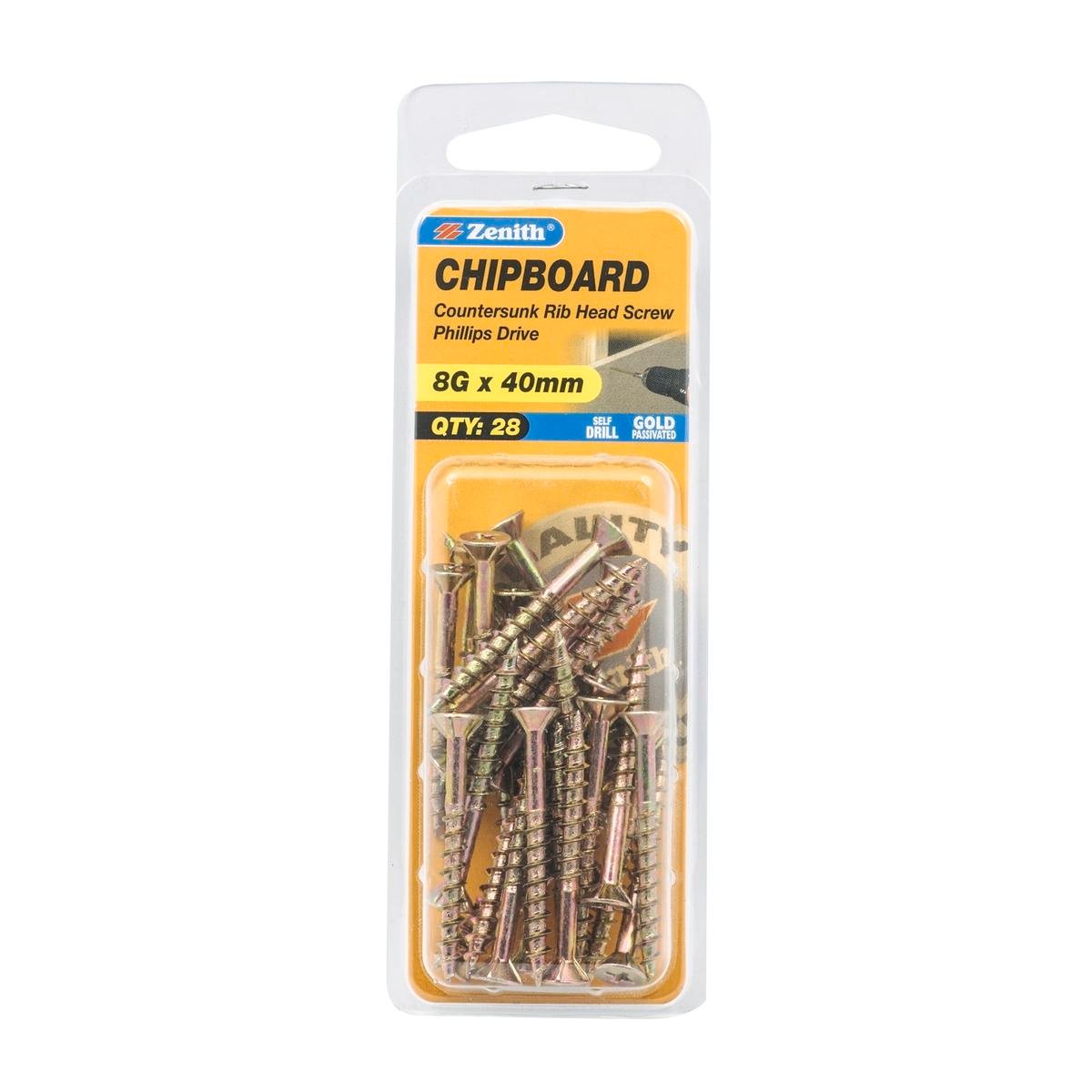 Zenith 8G x 40mm Countersunk Rib Head Chipboard Screws - 28 Pack ...