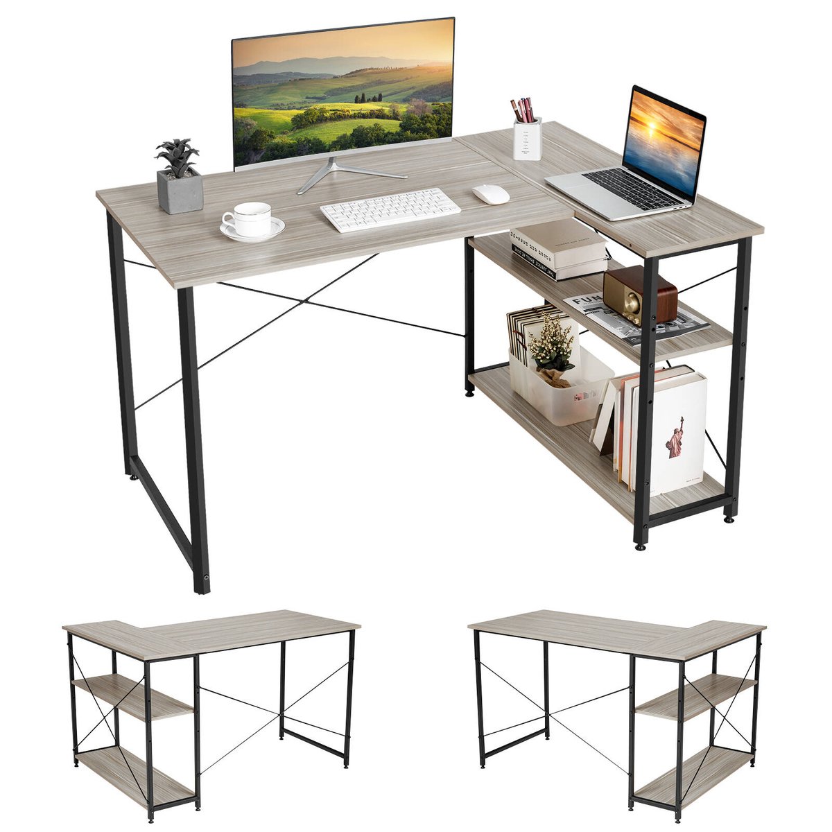 Costway L-shaped Corner Computer Desk w/Storage Grey - Bunnings Australia