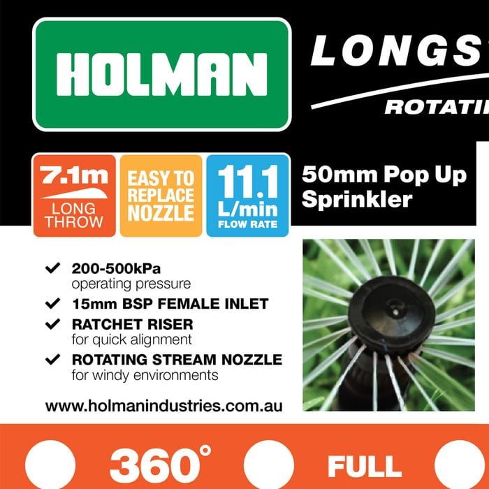 Holman 50mm Longstream Full Circle Rotating Pop Up Sprinkler - Bunnings ...