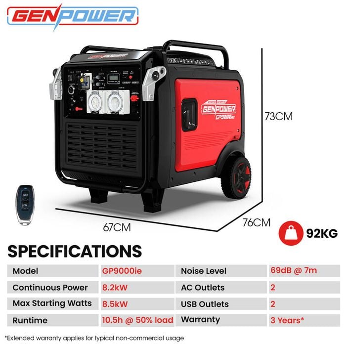 GENPOWER 8.5kW Peak 8.2kW Inverter Generator, Push Button & Remote ...