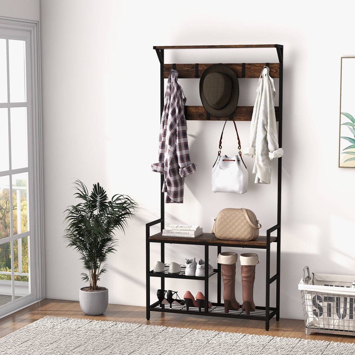 Costway 3-In-1 Hall Tree Coat Clothes Rack Wood Shoes Storage Bench ...