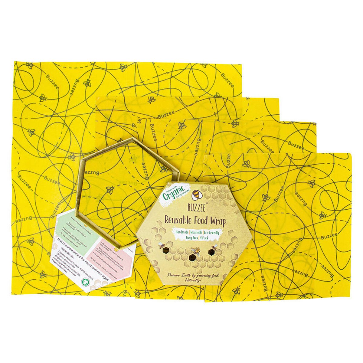 4pc Buzzee Organic Reusable Beeswax Wraps Washable Food Covers Busy ...