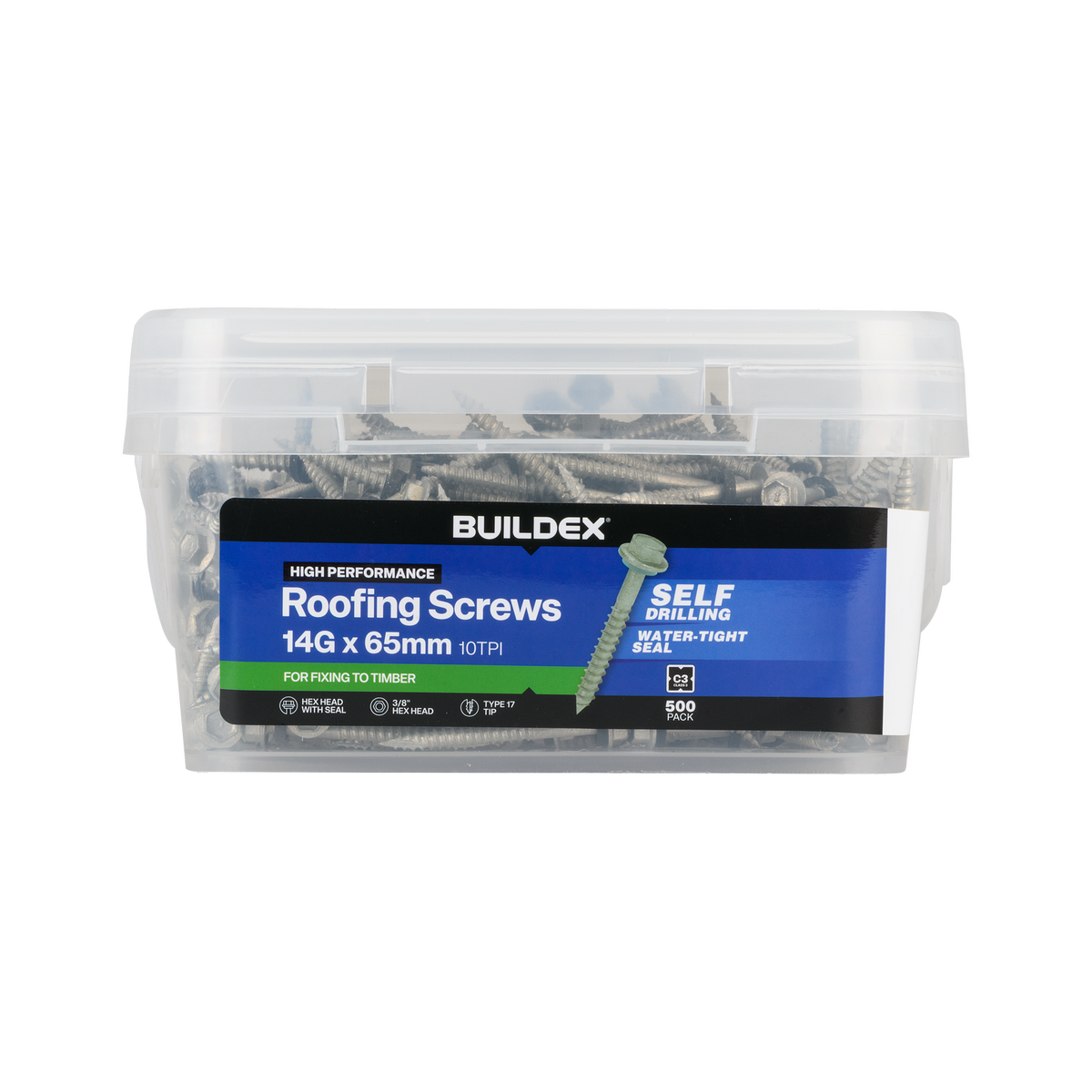 Buildex 14G x 65mm Class 3 Roofing Screws with Seal - 500 Pack ...