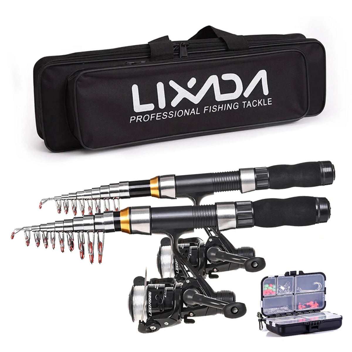 NNEOBA 2.1m / 2.3m Telescopic Fishing Rod & Reel Combo Full Kit Black ...
