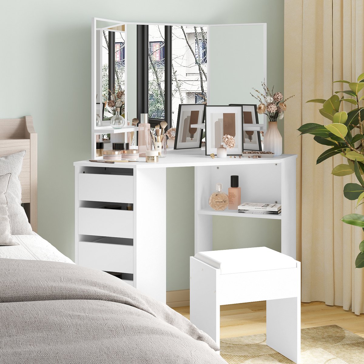 Advwin Dressing Table Stool Set with 3-Fold Mirror White - Bunnings ...