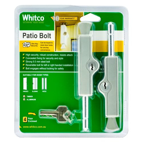 Whitco Silver CYL4 Patio Bolt - 2 Pack - Bunnings Australia