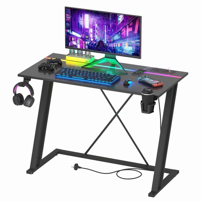 Advwin Gaming Desk Built-in LED Lights & Power Outlets 100cm Carbon ...