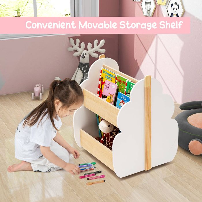 Costway 2-tier Kids Wood Bookcase Mobile Toy Storage Organiser ...
