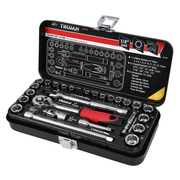 Trojan 26 Piece 1/4" Socket Tin Set TJQ28820 - Bunnings Australia