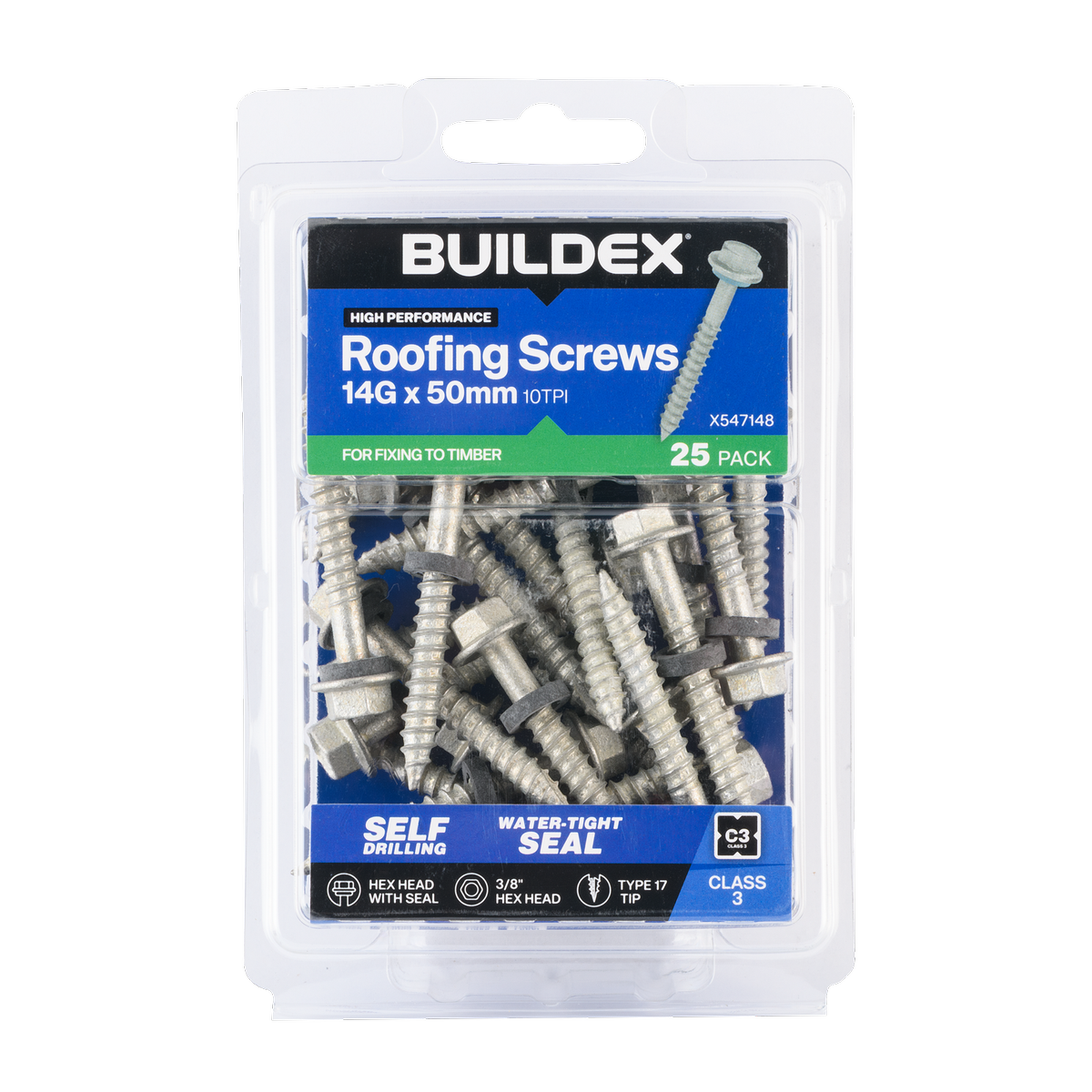 Buildex 14G x 50mm Class 3 Roofing Screws With Seal - 25 Pack ...