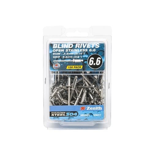 Zenith Blind Rivet Open 304SS 3/16"D x 3/8"G 100pk - Bunnings New Zealand