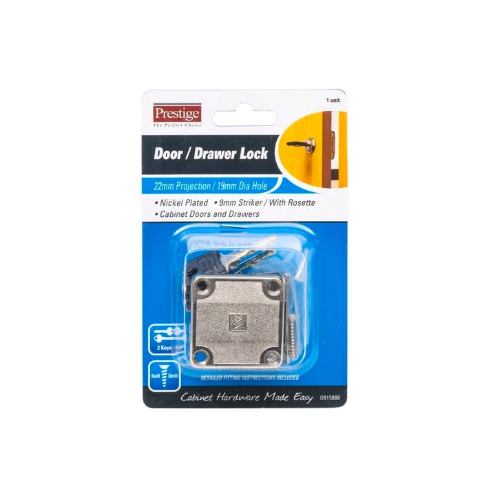 Prestige 110 x 19mm Square Nickel Plated Square Door / Drawer Lock - Bunnings Australia
