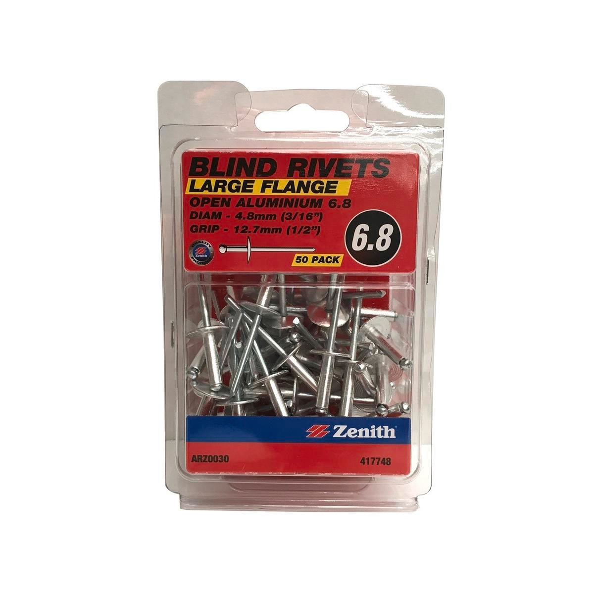 Zenith 3/16"D x 1/2"G Aluminium Open Blind Rivet With Large Flange - 50 ...