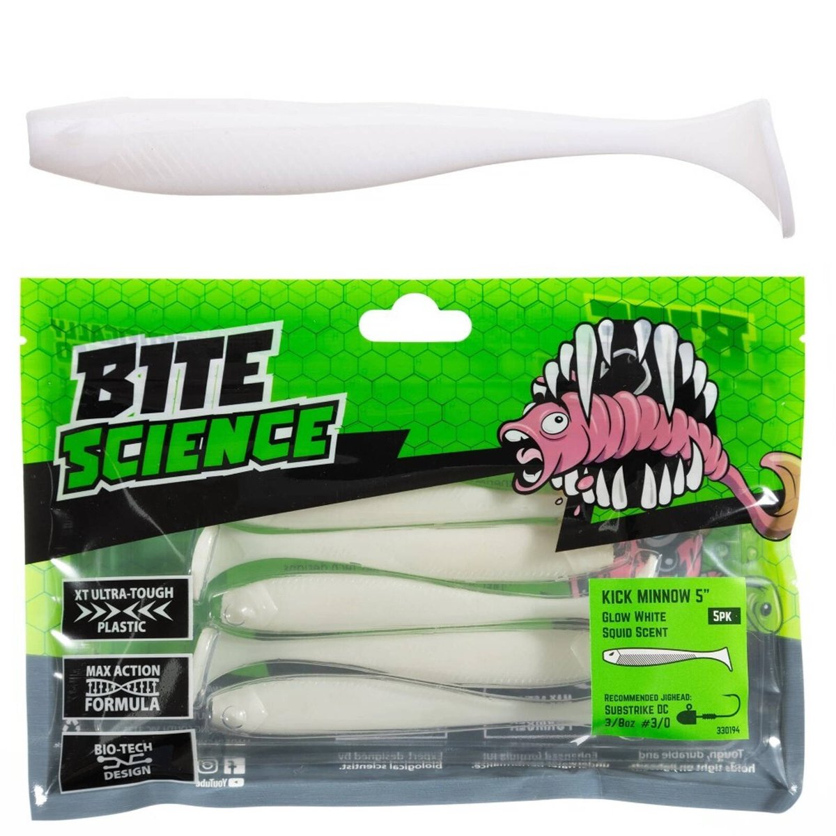 5 Pack of 5 Inch Bite Science Kick Minnow Soft Plastic Lures - Glow ...