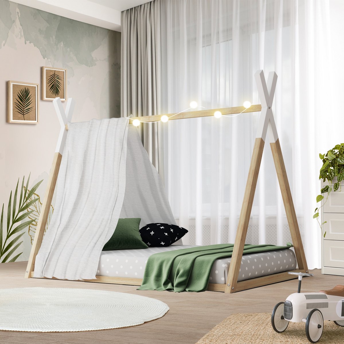 Oikiture Wooden Bed Frame Single Timber Teepee House Base Platform ...