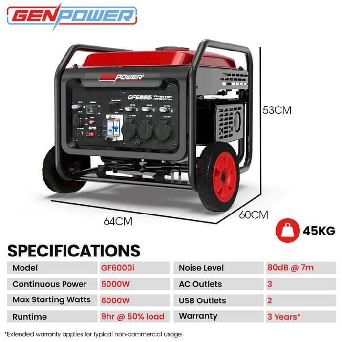 GENPOWER 6kW Peak 5kW Open Frame Inverter Generator, 3x15A, 15L Tank ...