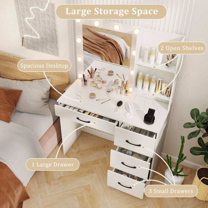 Costway Dressing Table w/Charging Station 3-Color LED Lighted ...