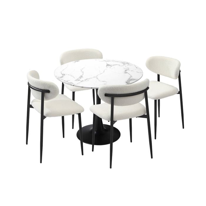 Oikiture 90cm Round Dining Table with 4x Dining Chairs Boucle White ...