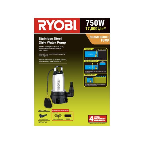 Ryobi 750W Dirty Water Submersible Pump - Bunnings New Zealand