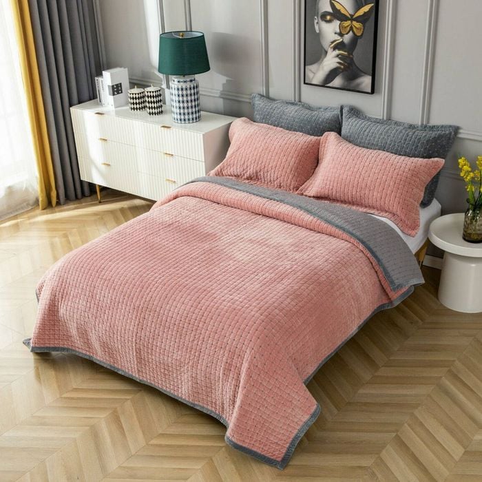 3 Pce 100% Cotton Velvet Reversible Quilted Coverlet Set Concordia Pink ...
