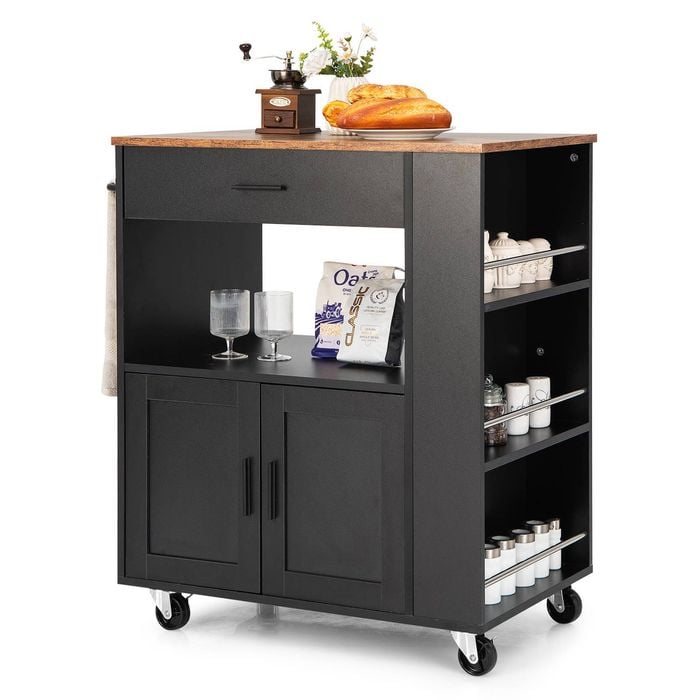 Costway Mobile Kitchen Island Cart Trolley w Spice Racks Black Bunnings Australia