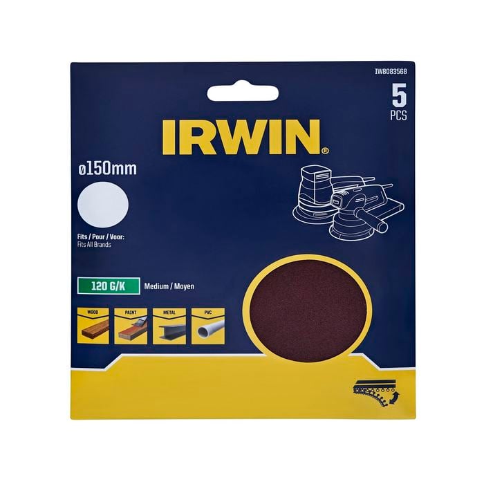 IRWIN 150mm 120 Grit No Holes Quick Fit Random Orbital Sanding Discs ...