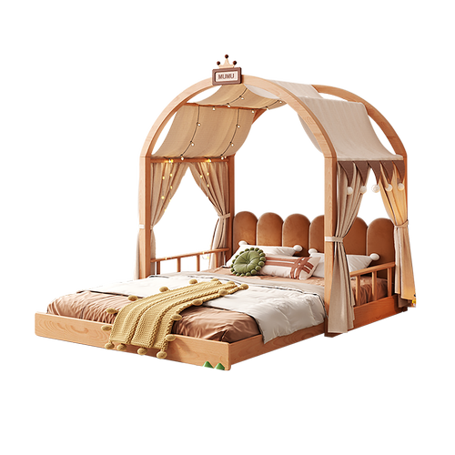 Kidzshack Exendable Wooden Canopy Floor Bed Queen Size Brown Headboard ...