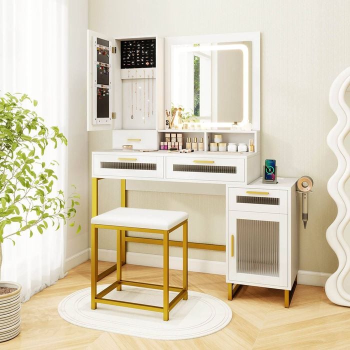 Costway 3-Color LED Lighted Dressing Table & Stool w/Power Outlets ...