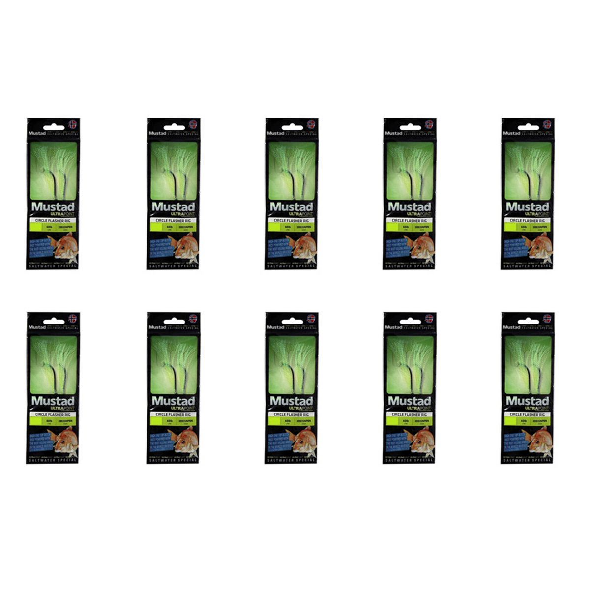 10x Mustad Ultrapoint Circle Flasher Rig Twin Hook Green Chartreuse ...