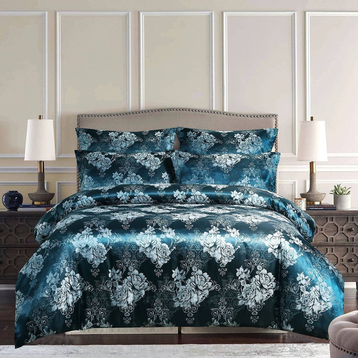 Bedding King 500TC Jacquard 3 Pcs Comforter Set Design - Damask Teal Queen - Bunnings Australia