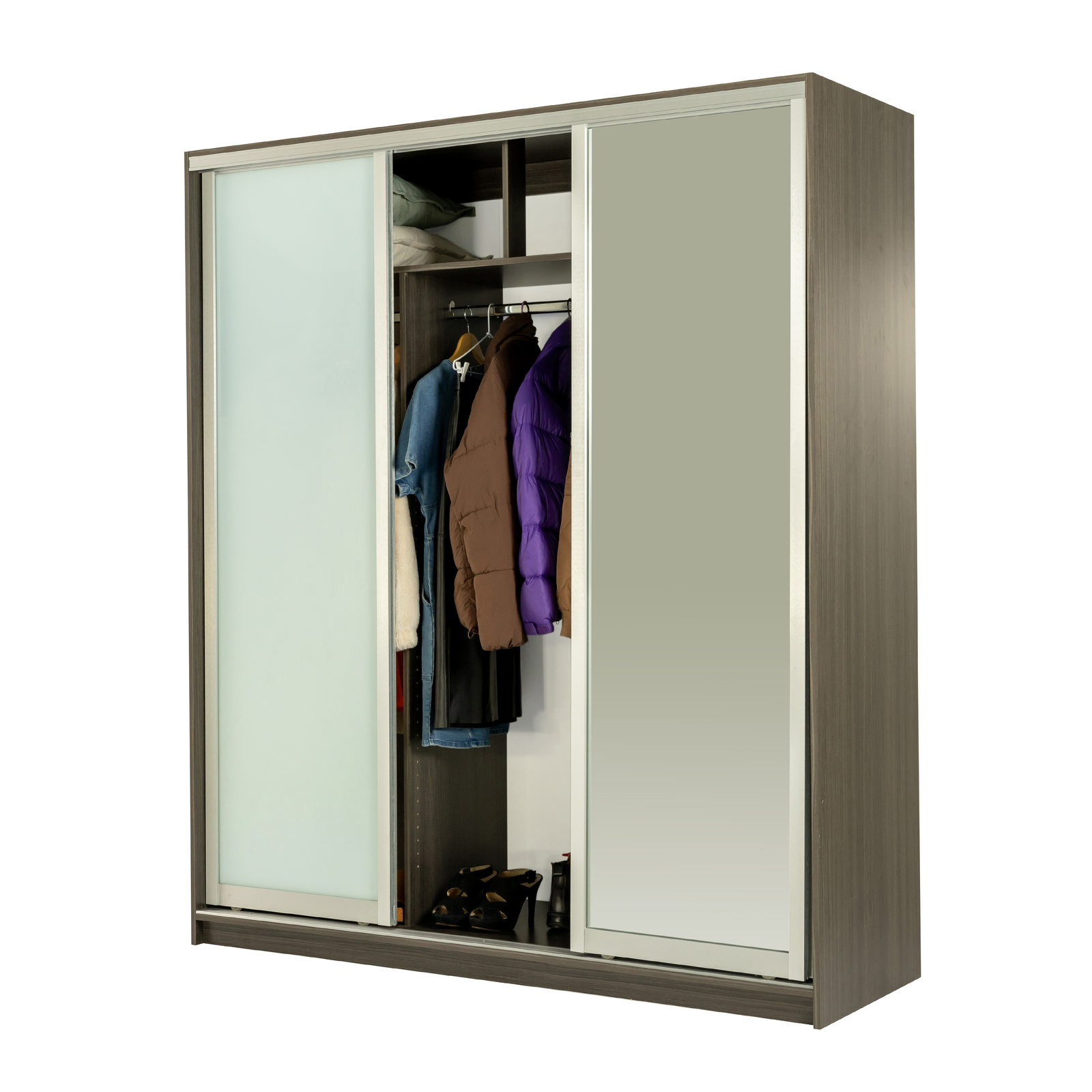 Bedford 1717mm Dark Oak 3 Door Sliding Robe Bundle with 2 White Glass and 1 Mirror Glass Doors Bunnings Australia