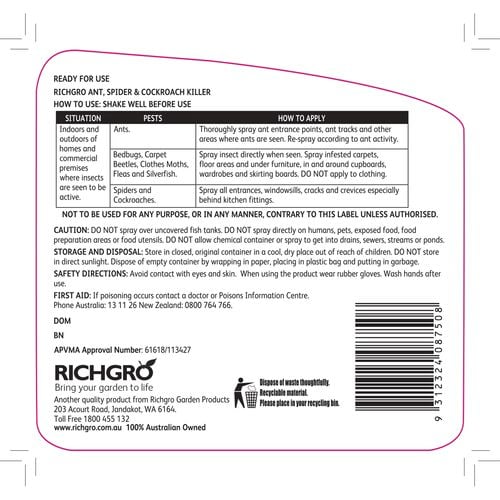 Richgro 1L Ready To Use Ant Spider And Cockroach Killer - Bunnings ...