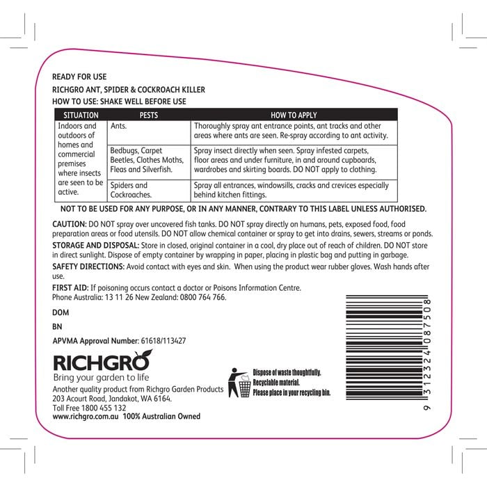 Richgro 1L Ready To Use Ant Spider And Cockroach Killer - Bunnings ...