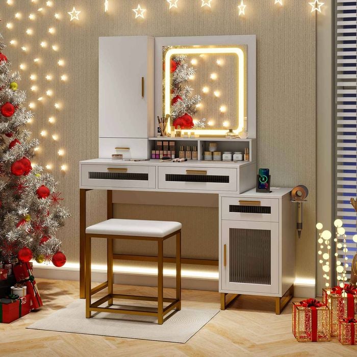 Costway 3-Color LED Lighted Dressing Table & Stool w/Power Outlets ...