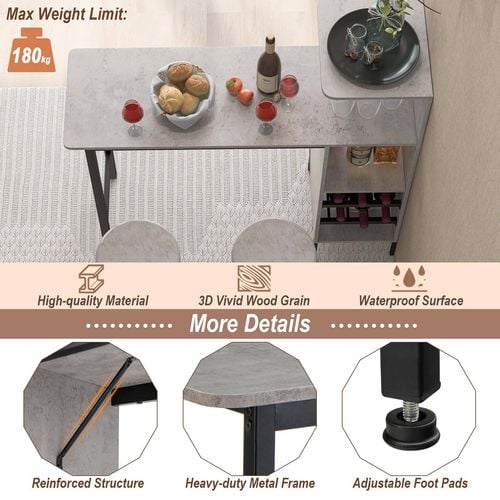 Costway 120cm Bar Table Stool Set Compact Dining Set w/Glass Holders & Wine Rack Grey - Bunnings ...