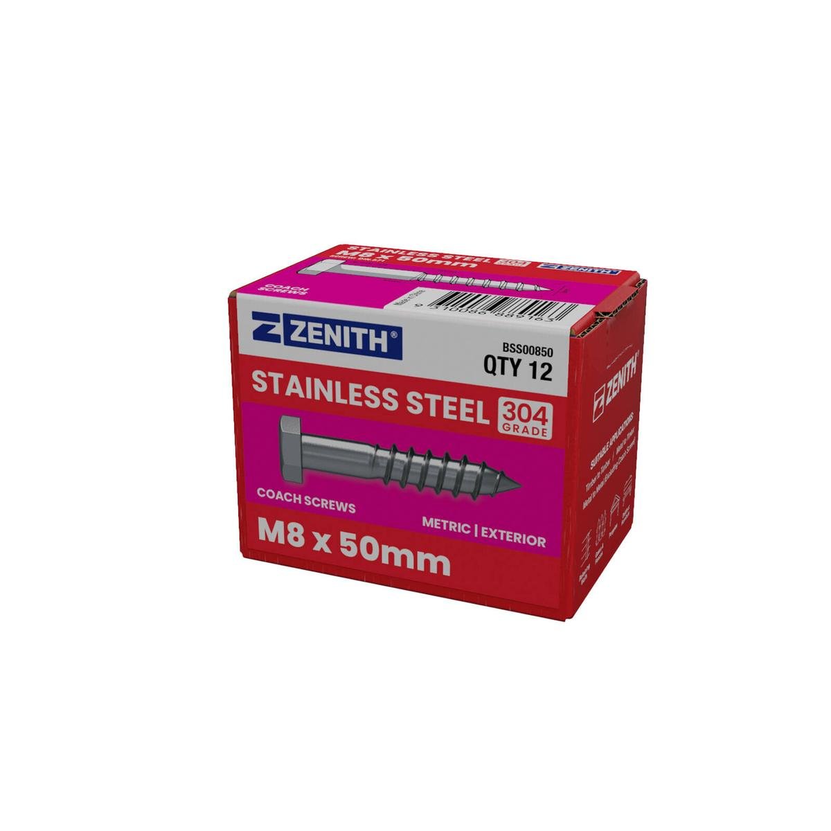 ZENITH M8 x 50mm Stainless Steel 304 Grade Hex Head Coach Screws - 12 ...