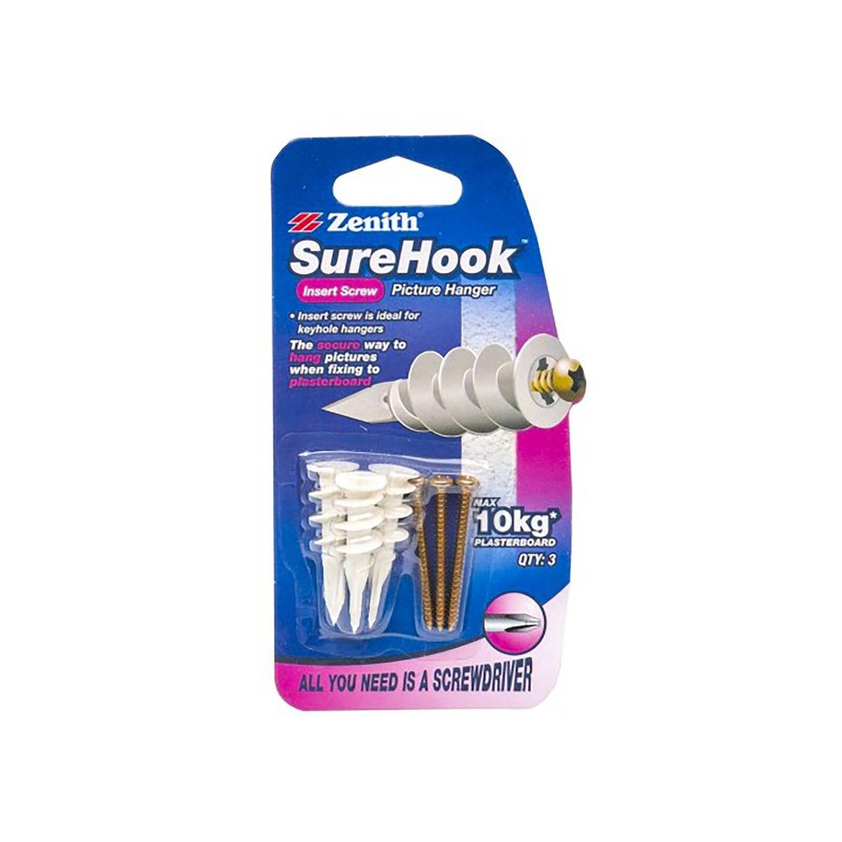 Zenith 10kg Zinc Plated SureHook Plasterboard Picture Hanger - 3 Pack ...