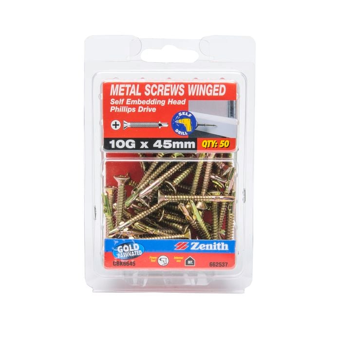 Zenith 10G x 45mm Gold Passivated Countersunk Head Metal Screws Winged - 50 Pack - Bunnings ...