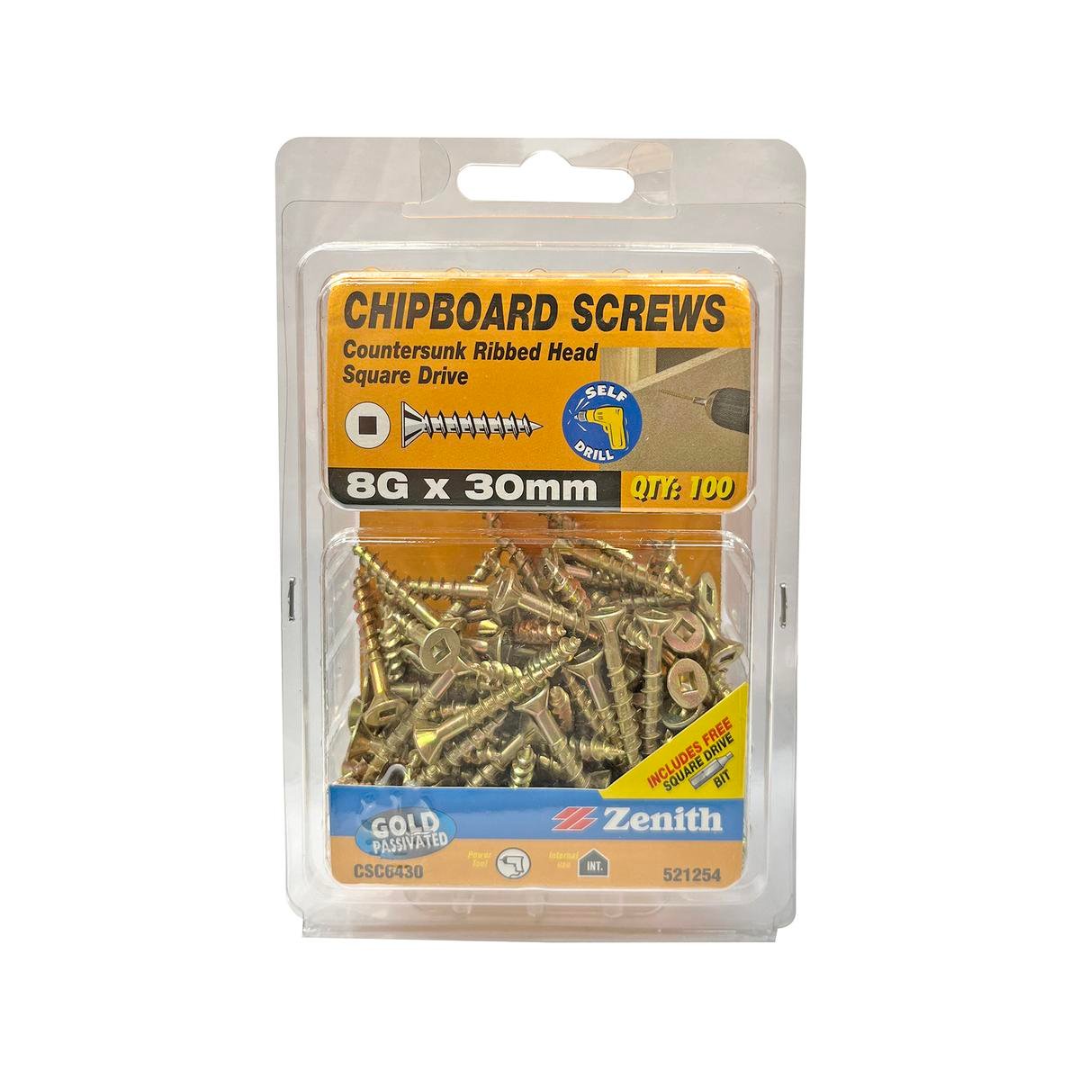 Zenith 8G x 30mm Gold Passivated Square Drive Chipboard Screw - 100 ...
