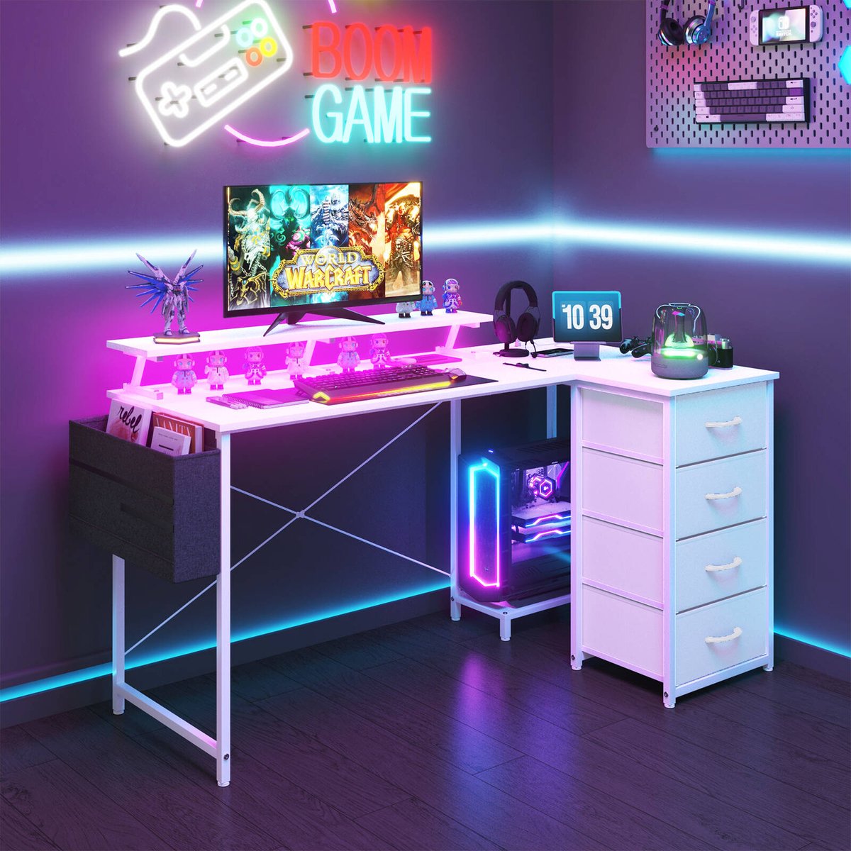 Advwin L Shaped Gaming Desk 140cm with LED Lights & Power Outlets ...