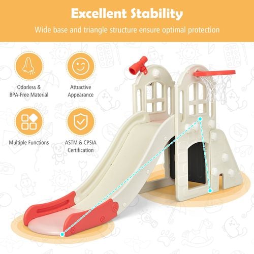 Costway Kids Slide Sets Indoor Play Center with Basketball Hoop Pink ...