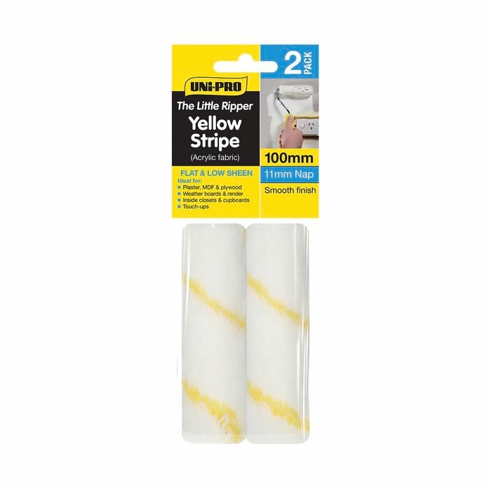 UNi PRO 100mm 11mm Nap Little Ripper Acrylic Yellow Stripe Mini Roller Covers 2 Pack Bunnings Australia