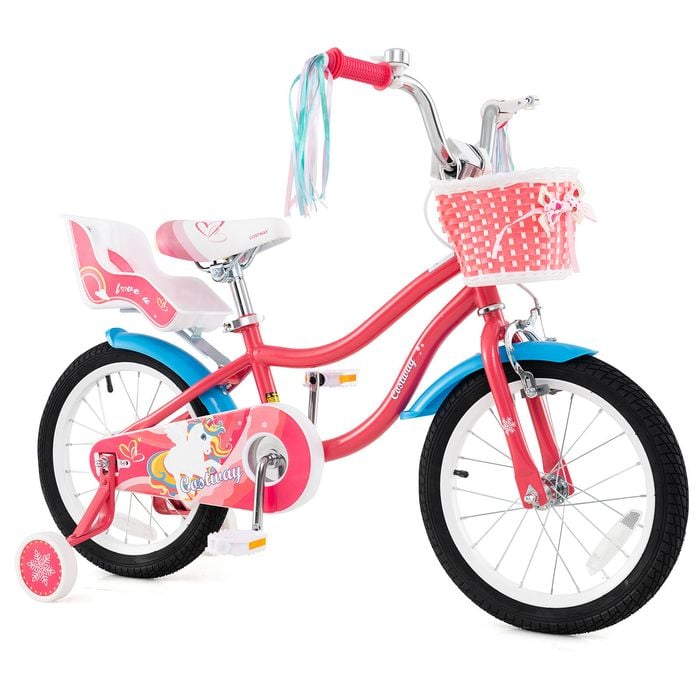 Costway 40cm Girls Bike w/Basket Doll Seat Training Wheels Adjustable ...